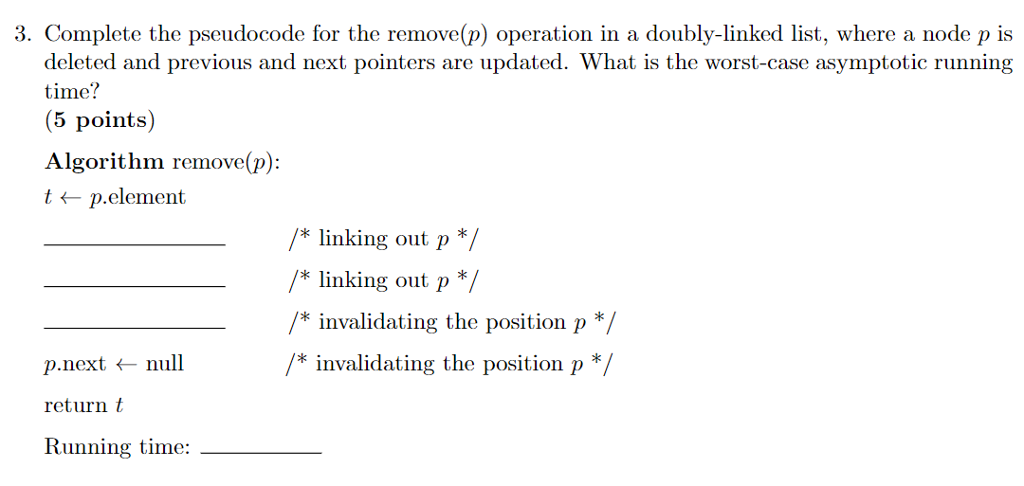 Solved 3. Complete the pseudocode for the remove(p) | Chegg.com