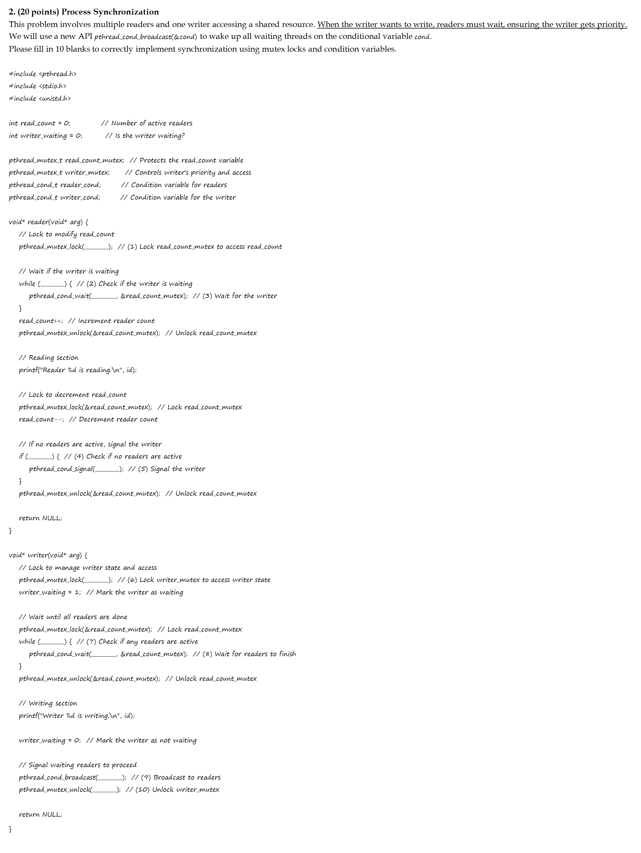 Solved 2. (20 ﻿points) ﻿Process SynchronizationThis problem | Chegg.com