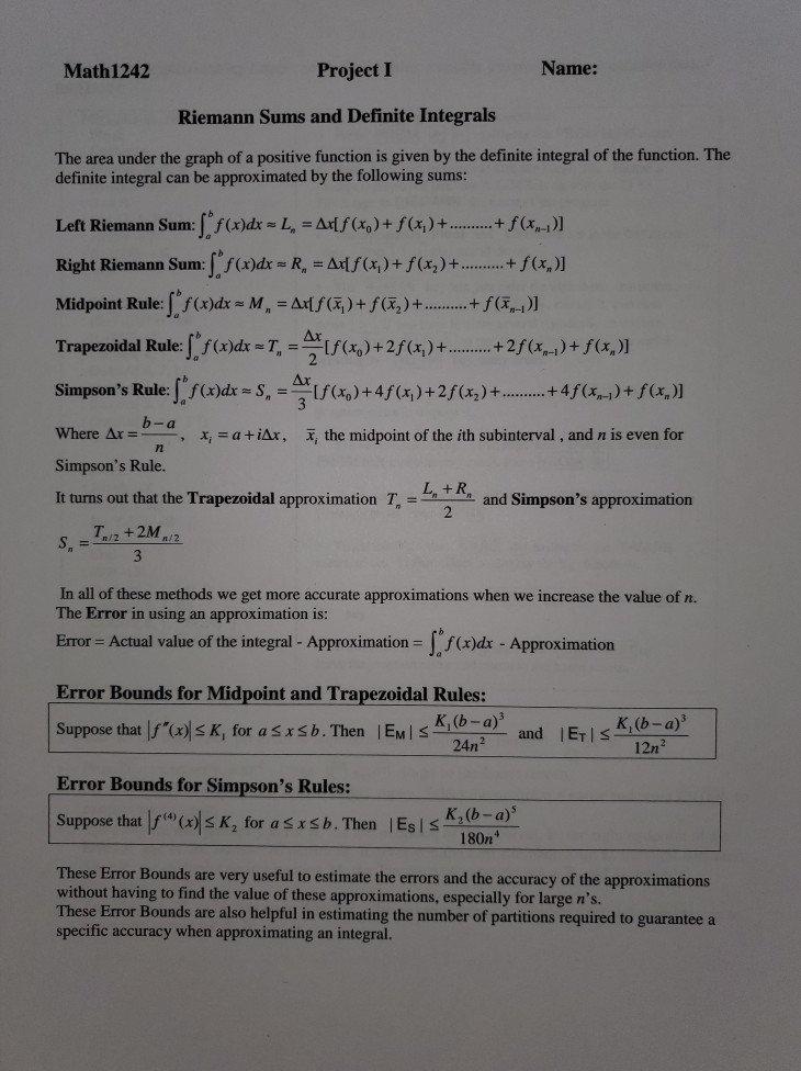 Math1242 Project I Name: Riemann Sums and Definite | Chegg.com