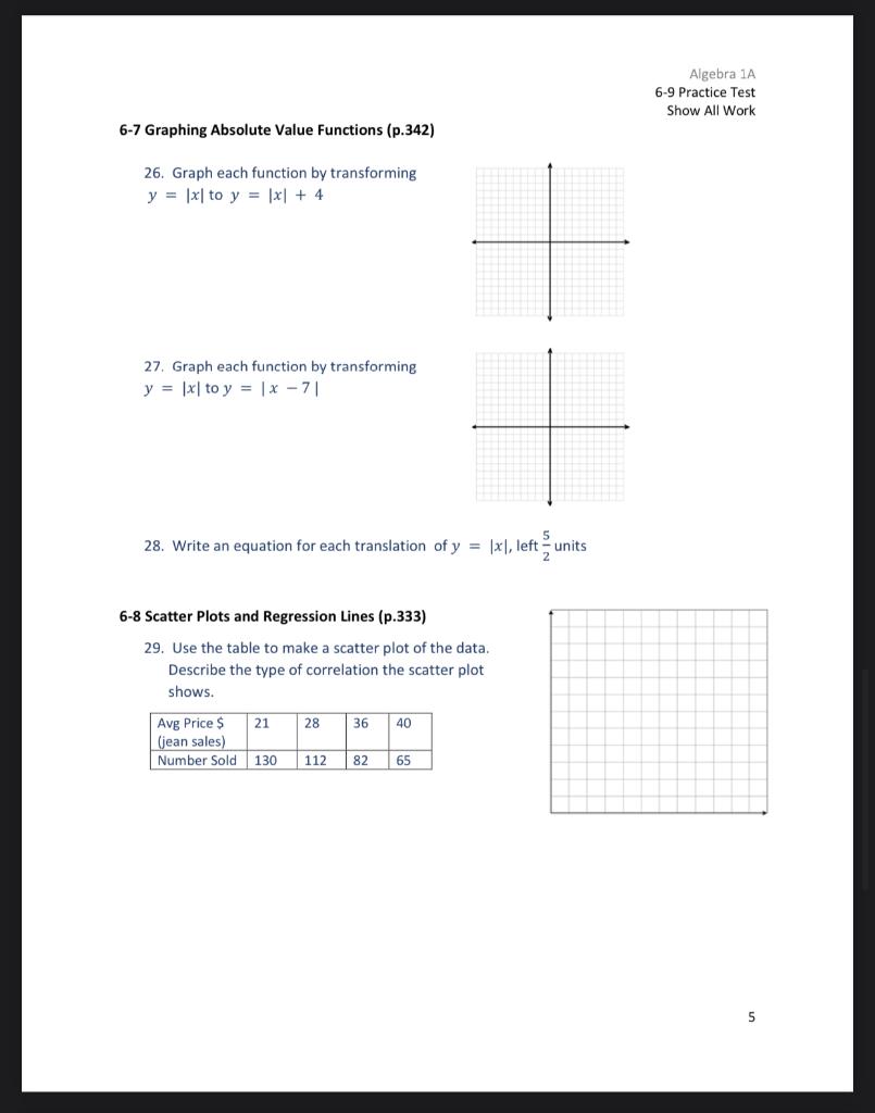Solved Algebra 1A 6-9 Practice Test Show All Work 6-7 | Chegg.com