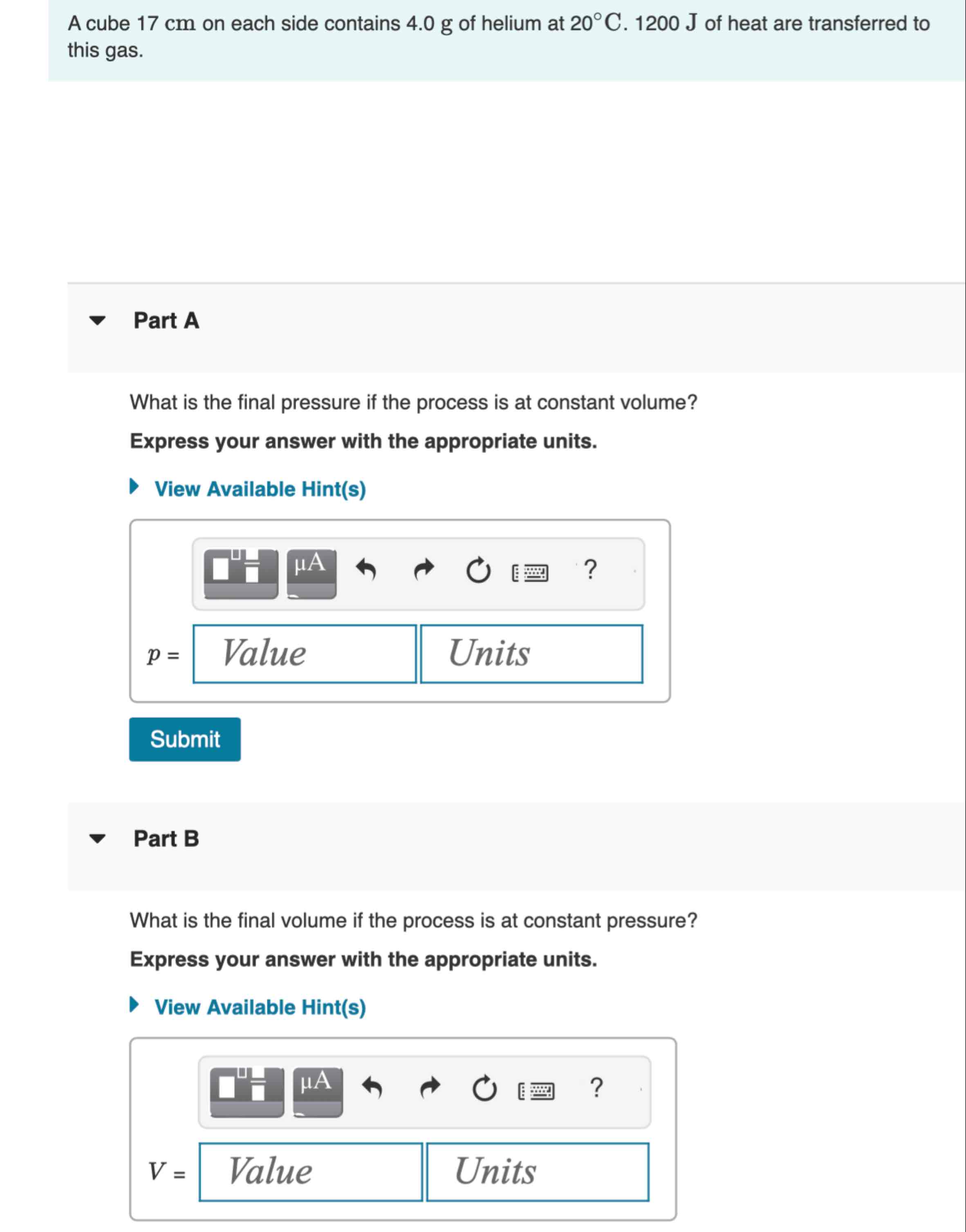 Solved A cube 17cm ﻿on each side contains 4.0g ﻿of helium at | Chegg.com