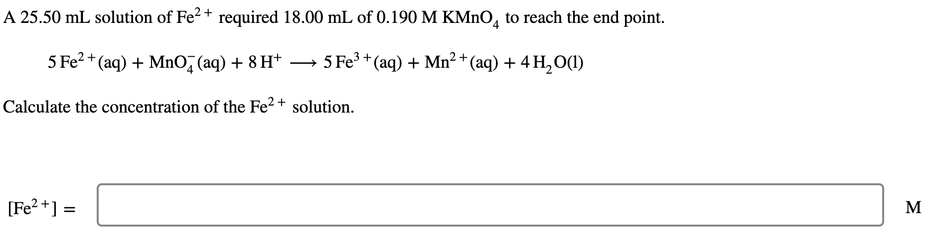 Solved A 25.50 mL solution of Fe2+ required 18.00 mL of | Chegg.com