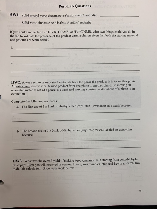 Solved Post-Lab Questions HW1. Solid methyl trans-cinnamate | Chegg.com
