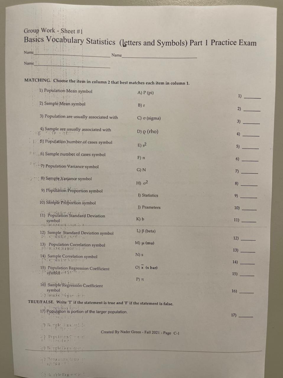 Solved Group Work - Sheet #1 Basics Vocabulary Statistics | Chegg.com