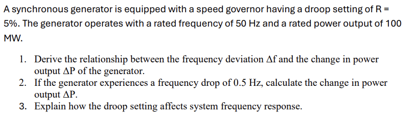 Solved A synchronous generator is equipped with a speed | Chegg.com
