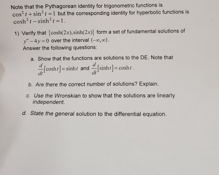 Solved Note that the Pythagorean identity for trigonometric | Chegg.com