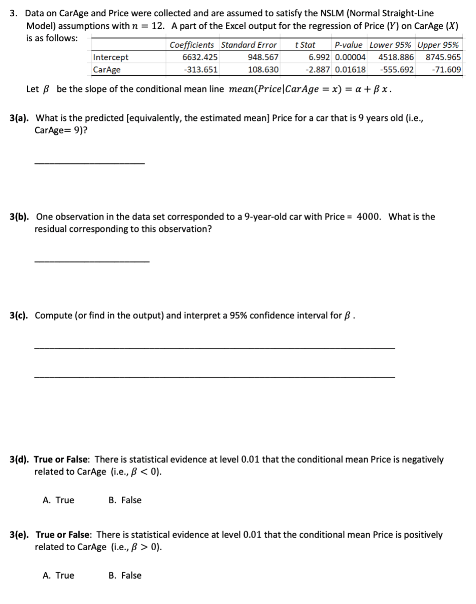 Solved 3. Data on CarAge and Price were collected and are | Chegg.com