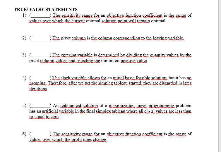 Solved TRUE/ FALSE STATEMENTS 1) The sensitivity range for | Chegg.com