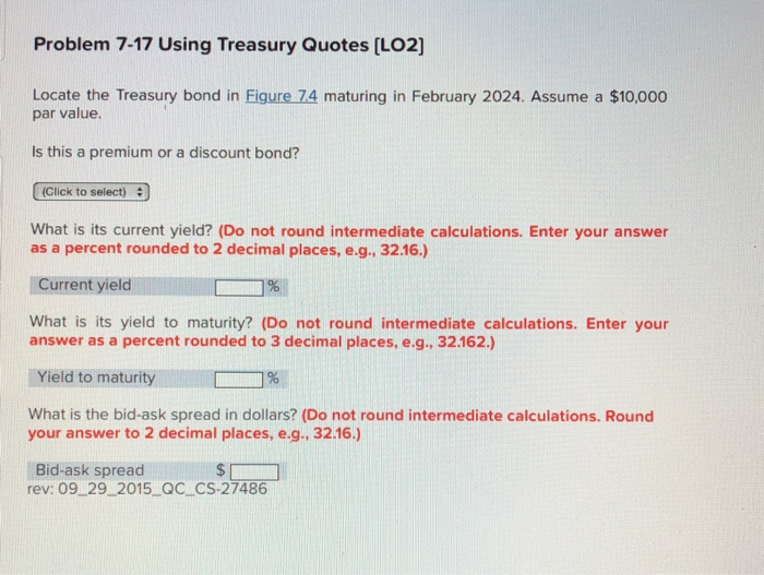 Problem 7-17 Using Treasury Quotes [LO2) Locate the | Chegg.com