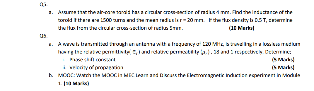 Solved Q5. a. Assume that the air-core toroid has a circular | Chegg.com