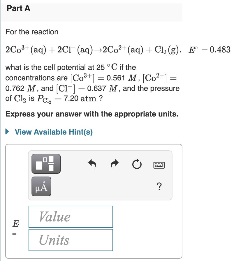 Solved Part A For the reaction 2CO3+ (aq) + 2C1- (aq)+2Co2+ | Chegg.com
