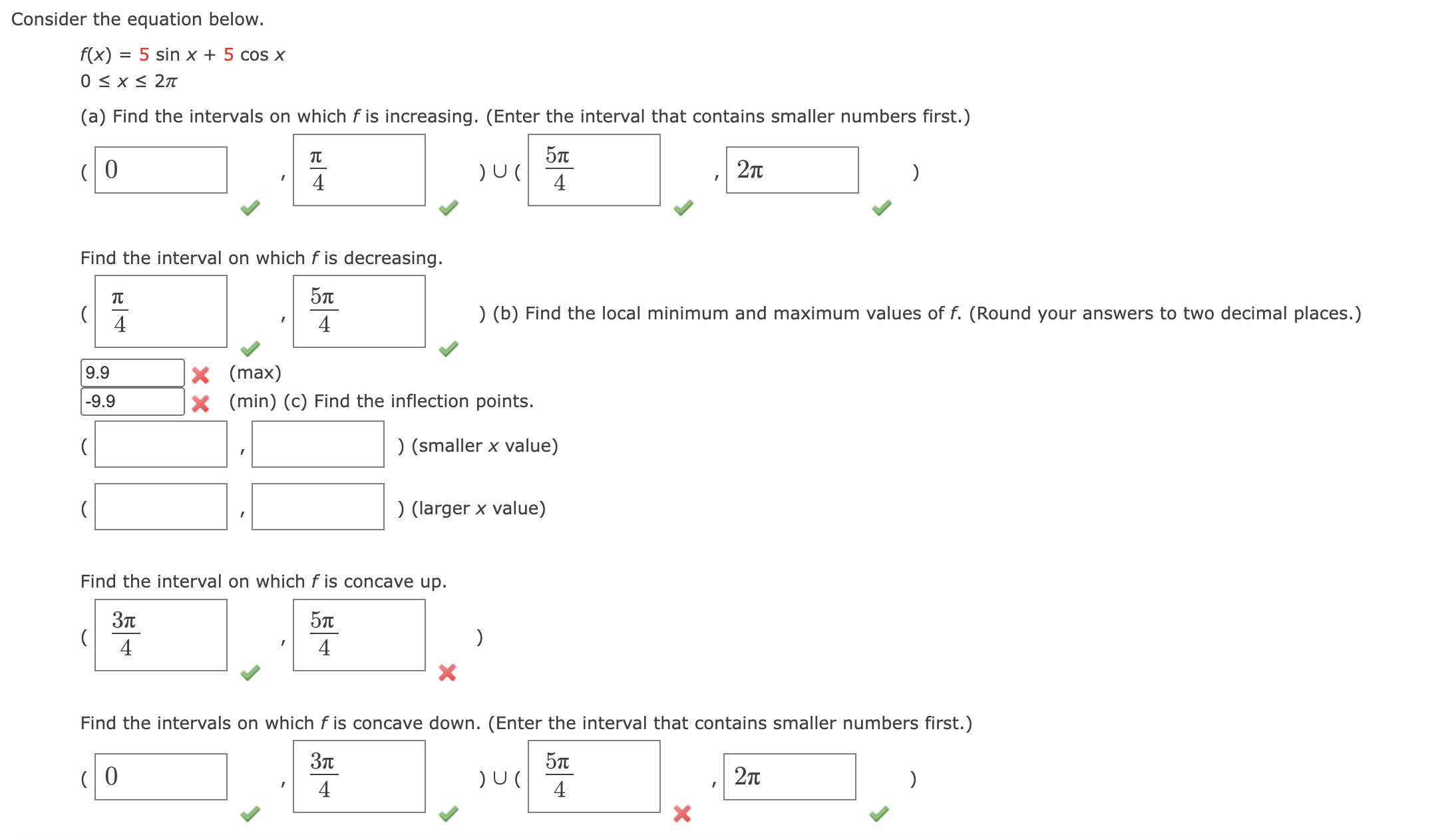 Solved Consider the equation below.f(x)=5sinx+5cosx0≤x≤2π(a) | Chegg.com