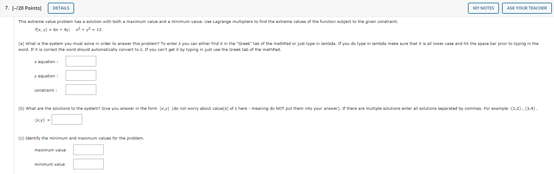 Solved 7. [-/20 Points] DETAILS MY NOTES ASK YOUR TEACHER | Chegg.com