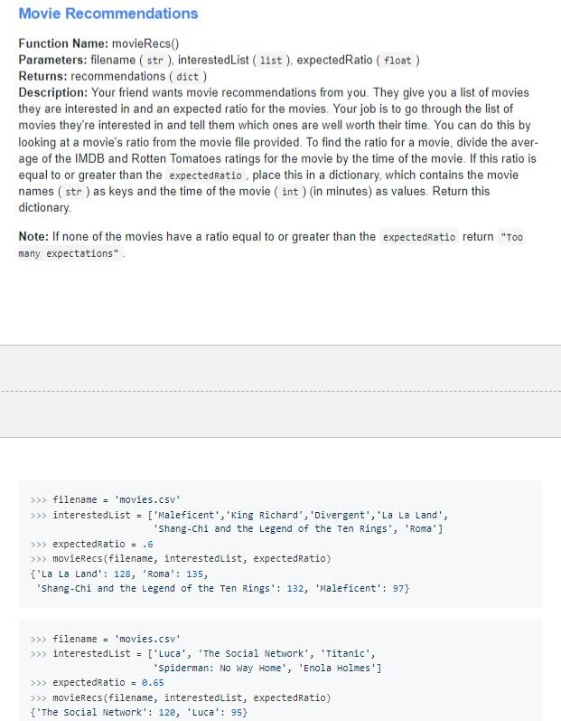 Solved Movie Recommendations Function Name: movieRecs() | Chegg.com