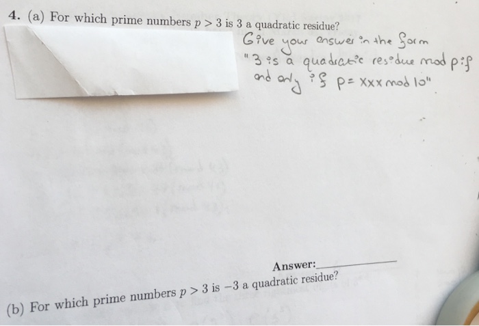 Solved For which prime numbers p > 3 is 3 a quadratic | Chegg.com