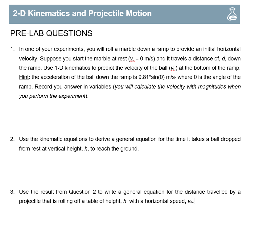 Solved 2-D Kinematics and Projectile Motion PRE-LAB | Chegg.com