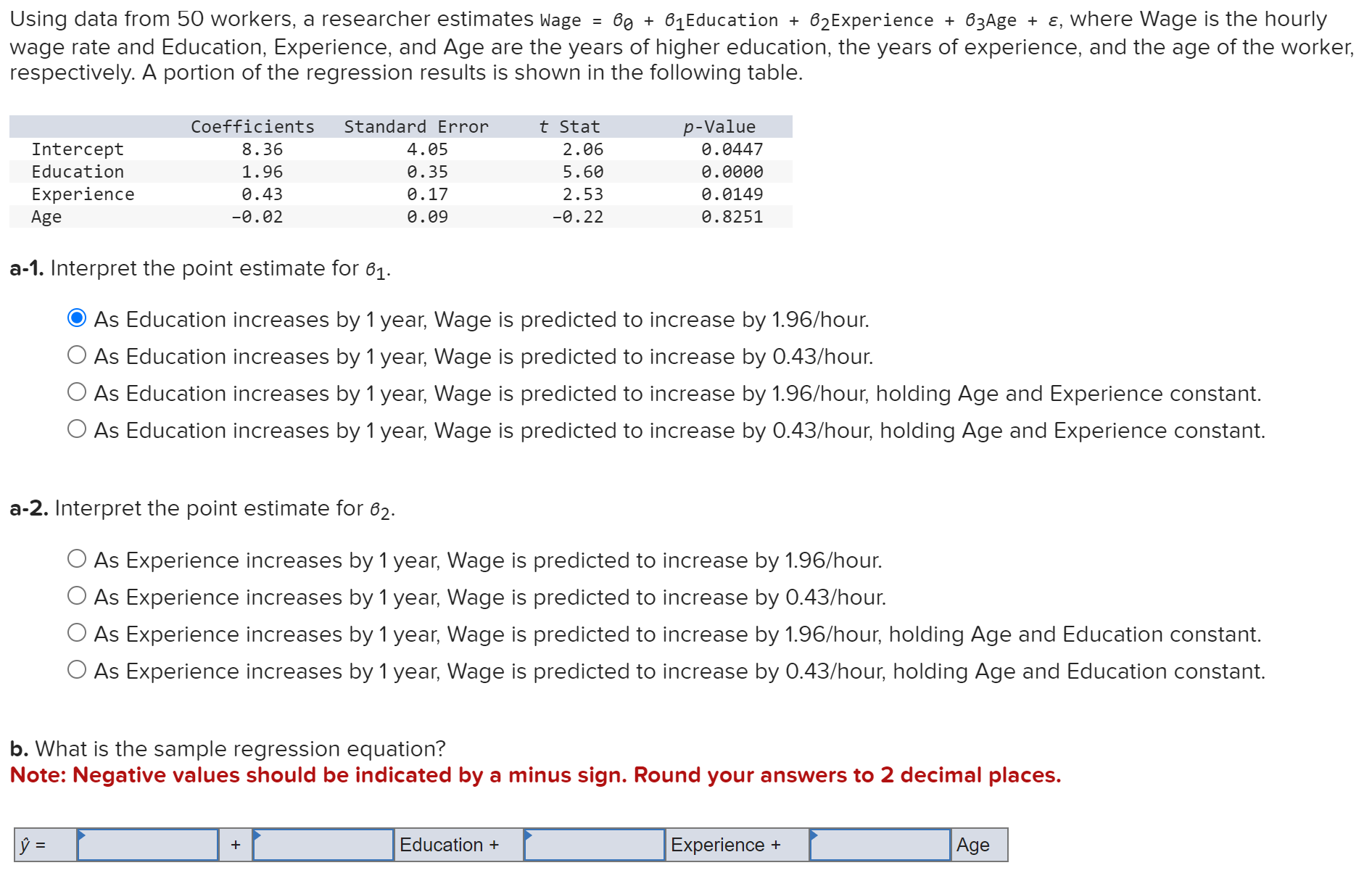 Solved Using data from 50 workers, a researcher estimates | Chegg.com