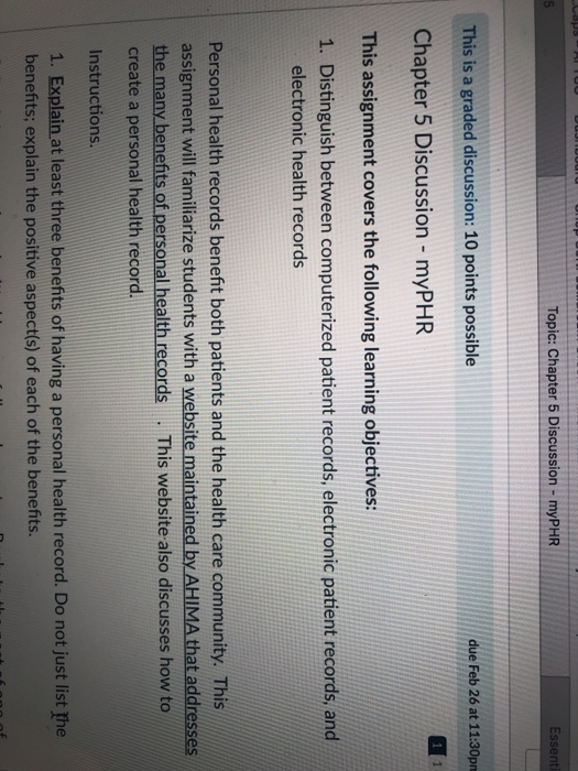 Solved Topic: Chapter 5 Discussion -myPHR Essent This is a | Chegg.com