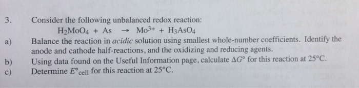 Solved 3. Consider the following unbalanced redox reaction: | Chegg.com