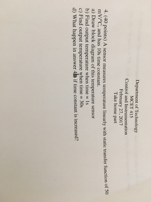 Solved A sensor measures temperature linearly with static | Chegg.com