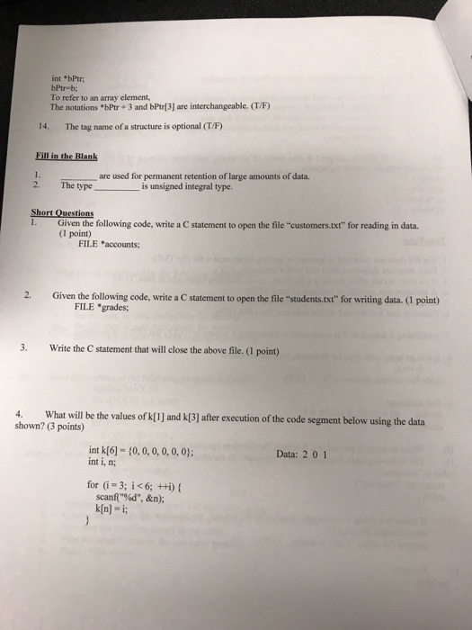 Solved int bPtr bPtr-b; To refer to an array element The | Chegg.com