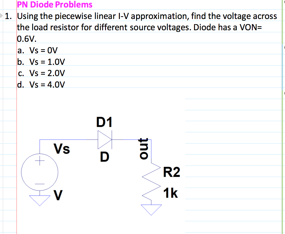 Solved PN Diode Problems 1. Using the piecewise linear I-V | Chegg.com