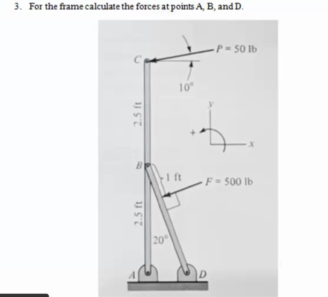 Solved 3. For the frame calculate the forces at points A, B, | Chegg.com
