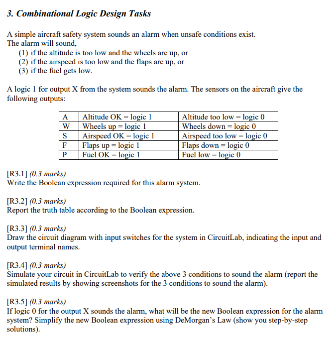 Solved 3. Combinational Logic Design Tasks A simple aircraft | Chegg.com