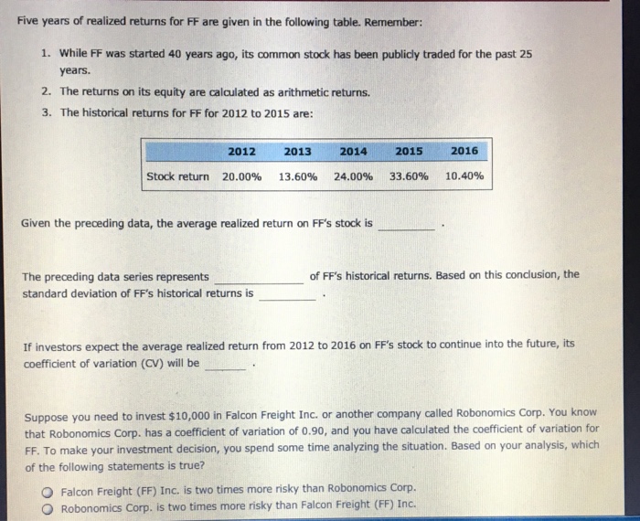 Solved Five years of realized returns for FF are given in | Chegg.com