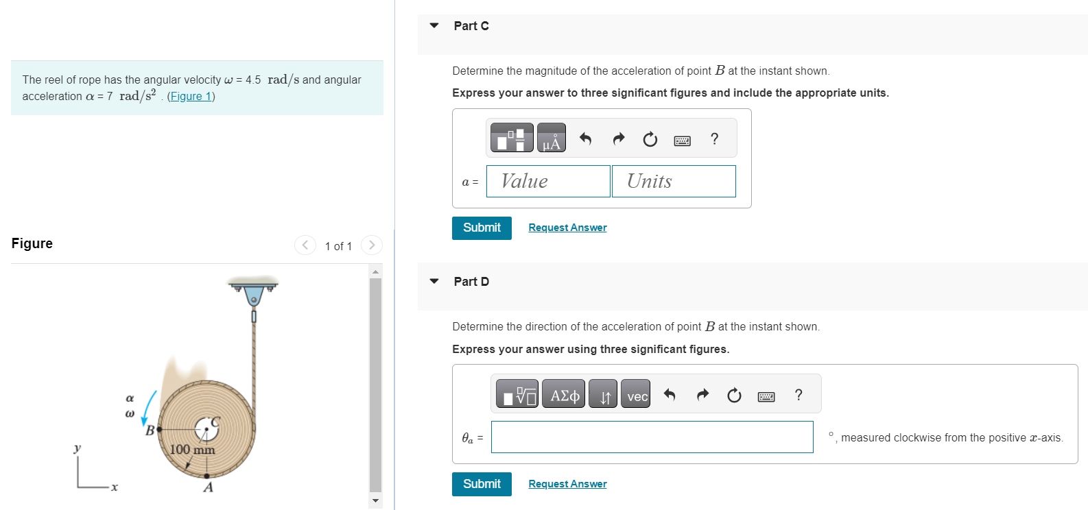 Solved Part CThe reel of rope has the angular velocity | Chegg.com