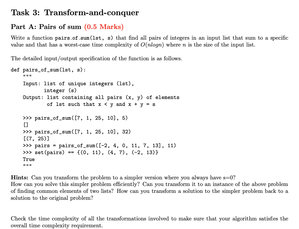 Solved Task 3: Transform-and-conquer Part A: Pairs of sum | Chegg.com