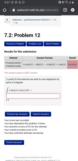 Solved 9:37 Doa NUS o webwork.math.ttu.edu/webwork2 O > | Chegg.com
