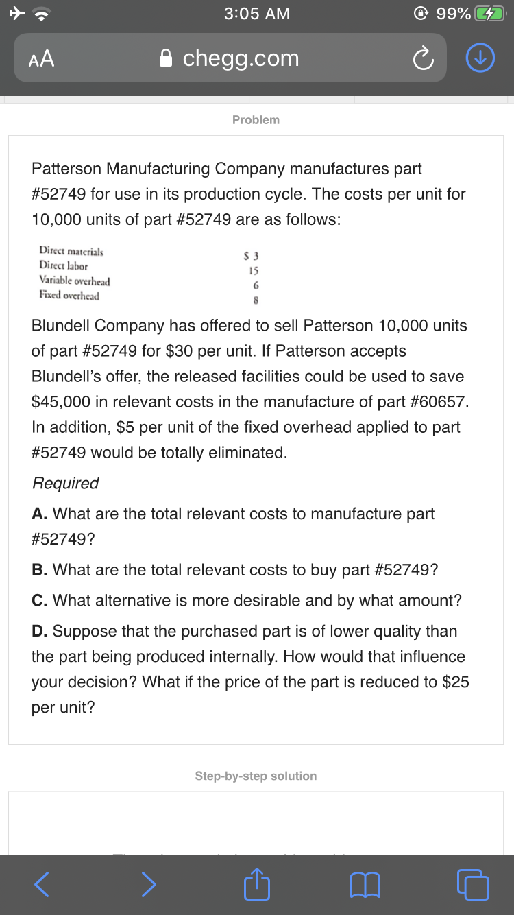 Solved 3:05 AM @ 99% CD AA chegg.com Problem Patterson | Chegg.com