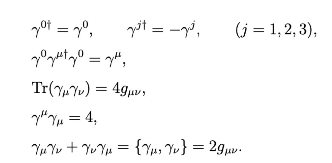 Solved γ0†=γ0,γj†=−γj,(j=1,2,3),γ0γμ†γ0=γμTr(γμγν)=4gμνγμγμ= | Chegg.com