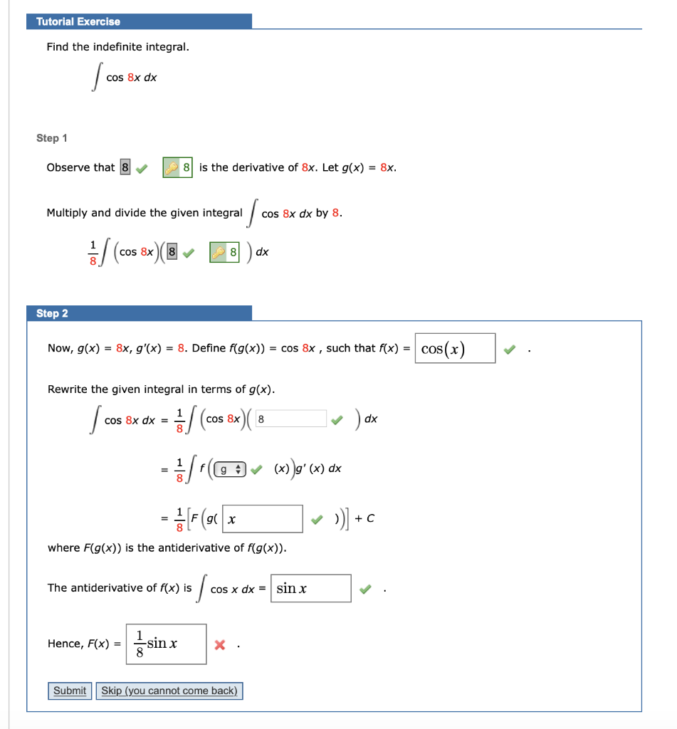 Solved Tutorial Exercise Find the indefinite integral. cos | Chegg.com