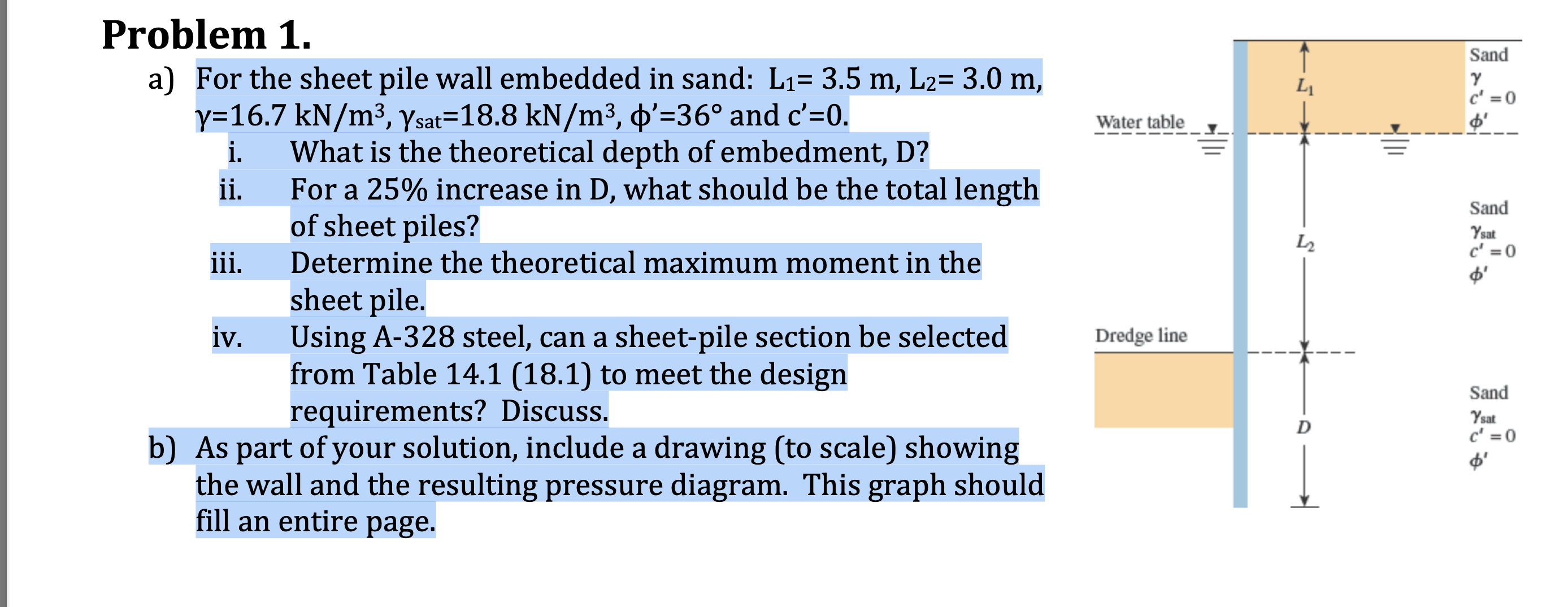 Solved a) For the sheet pile wall embedded in sand: L1=3.5 | Chegg.com