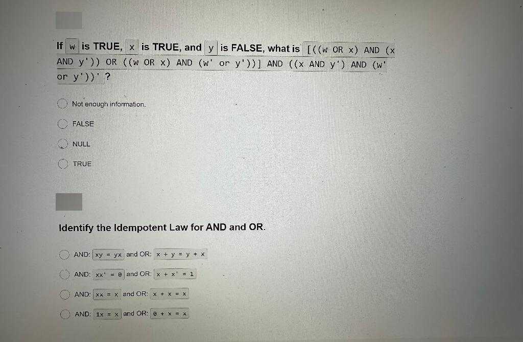 Solved If w is TRUE, x is TRUE, and y is FALSE, what is [((w | Chegg.com