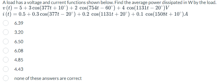 Solved A load has a voltage and current functions shown | Chegg.com