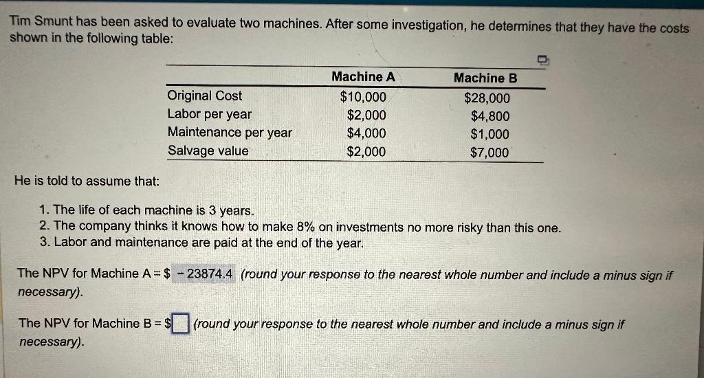 Solved Tim Smunt has been asked to evaluate two machines. | Chegg.com