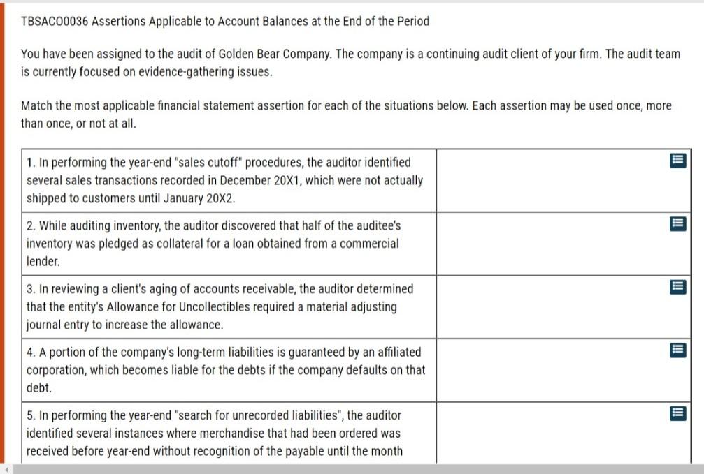 Solved TBSAC00036 Assertions Applicable to Account Balances | Chegg.com