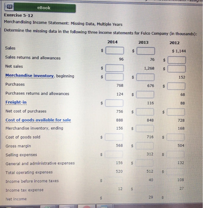 Solved eBook Exercise 5-12 Merchandising Income Statement: | Chegg.com