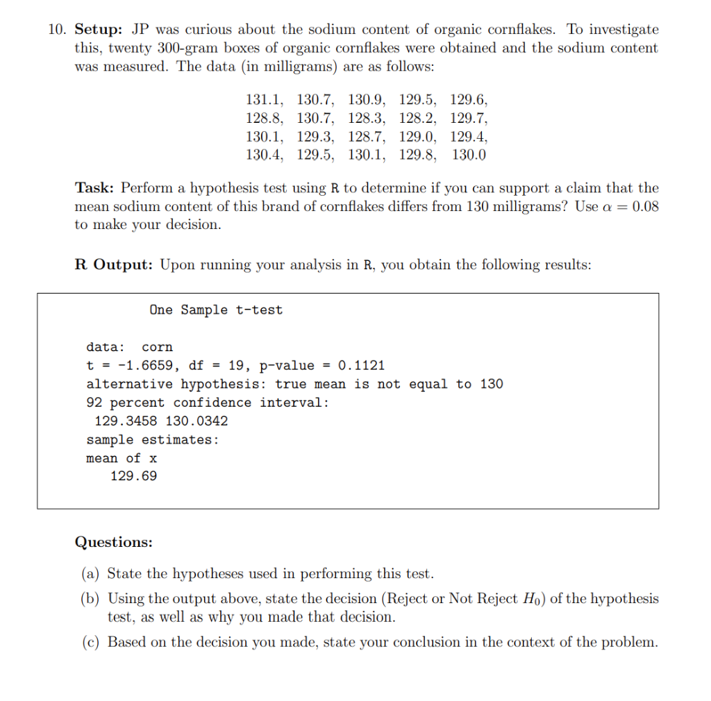 Solved 10. Setup: JP was curious about the sodium content of | Chegg.com
