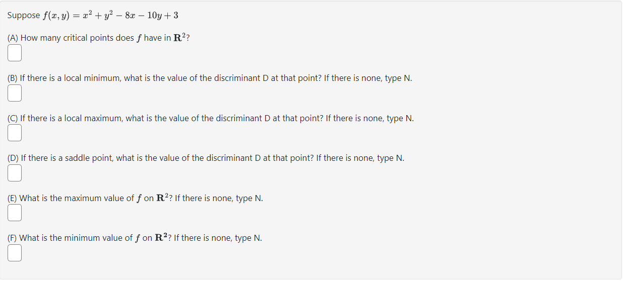 Solved Suppose f(x,y)=x2+y2−8x−10y+3 (A) How many critical | Chegg.com