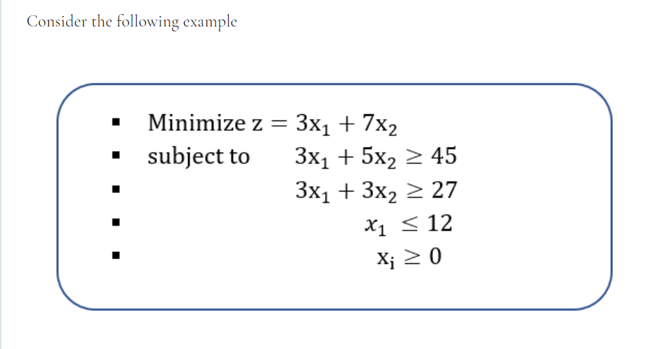 Solved Consider the following example I Minimize z = 3x1 + | Chegg.com