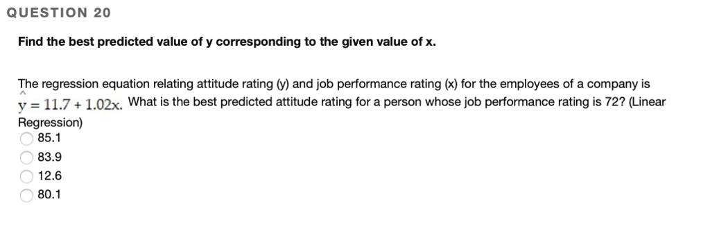 Solved QUESTION 20 Find the best predicted value of y | Chegg.com