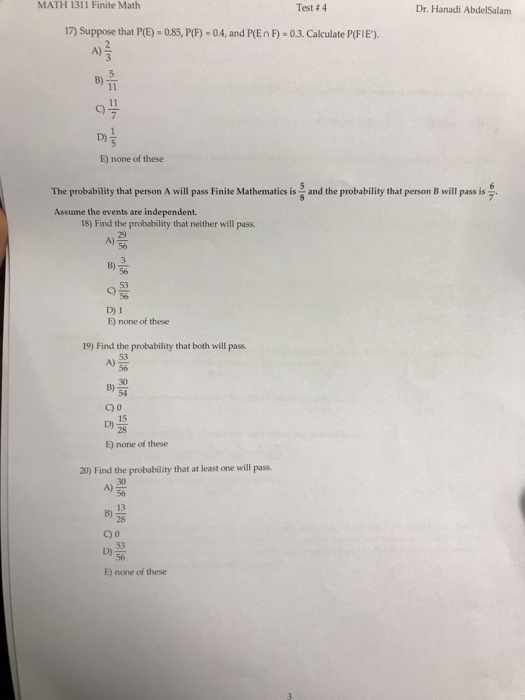 Solved MATH 1311 Finite Math Test # 4 Dr. Hanadi AbdelSalam | Chegg.com