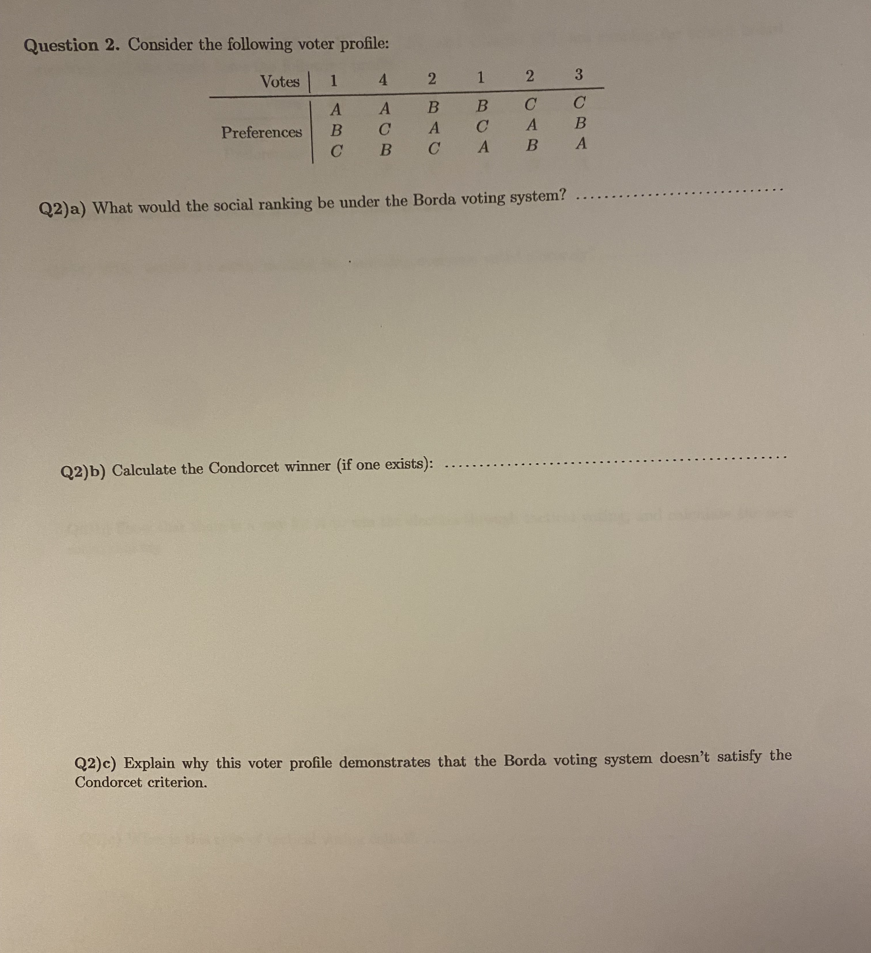 Solved Question 2. Consider the following voter profile: | Chegg.com