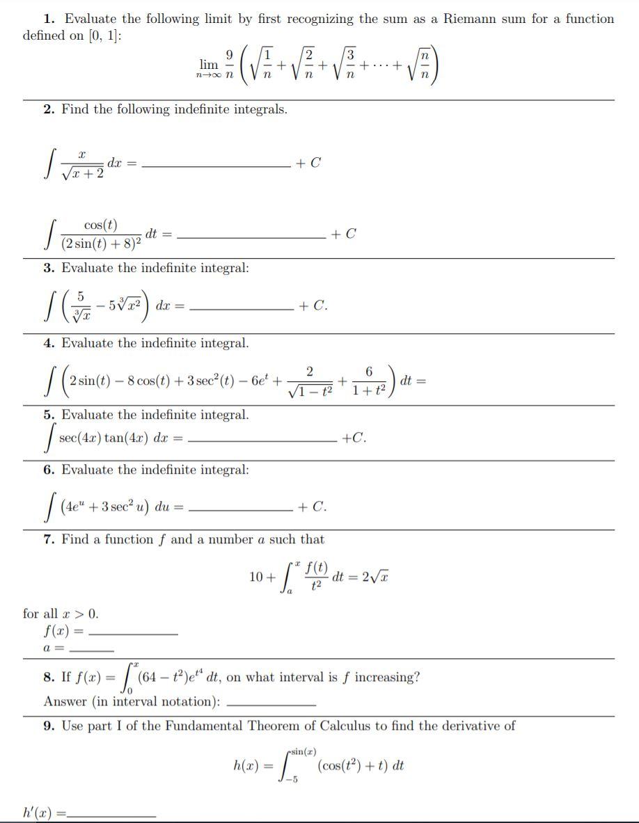 Solved 1. Evaluate the following limit by first recognizing | Chegg.com