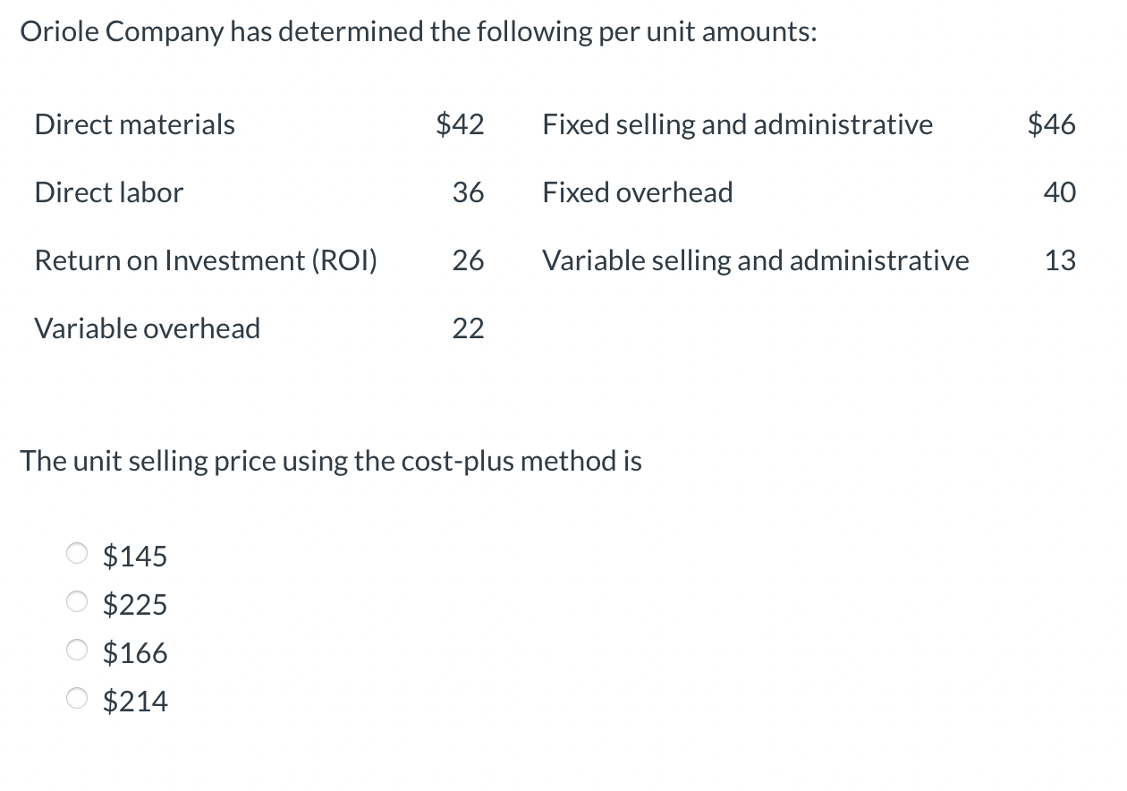 Solved Oriole Company has determined the following per unit | Chegg.com