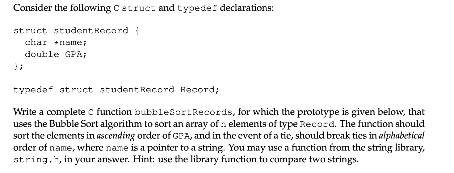 Solved Consider the following C struct and typedef | Chegg.com